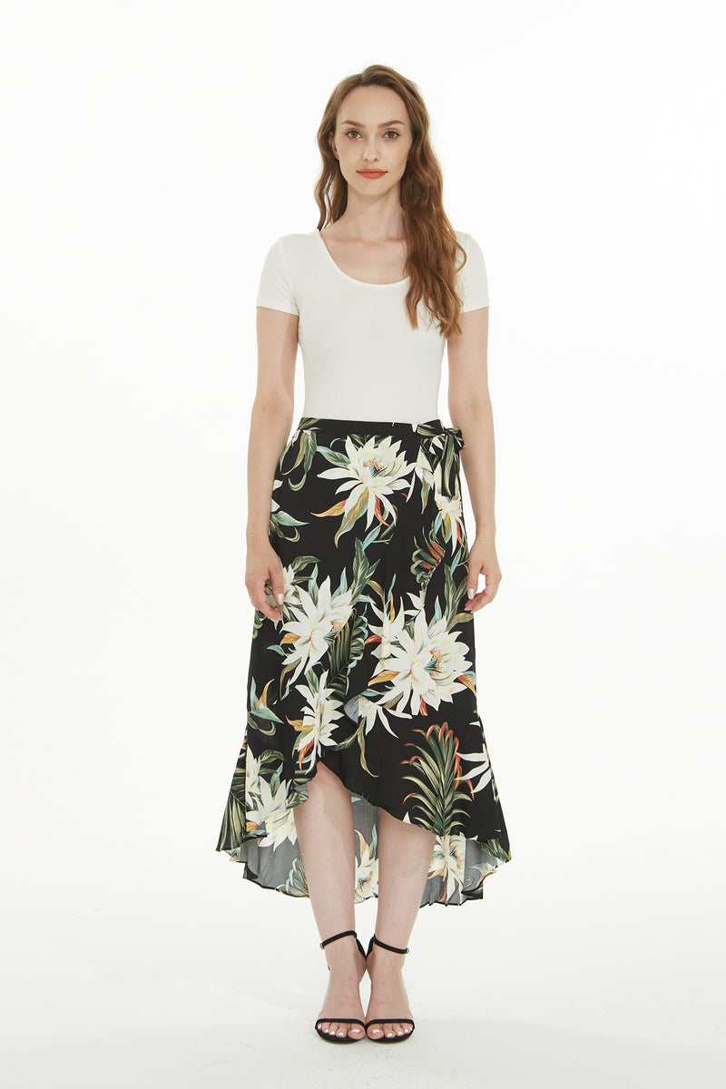Women's Hawaiian Luau Wrap Ruffle Skirt in Wispy Cereus Black – Hawaii ...