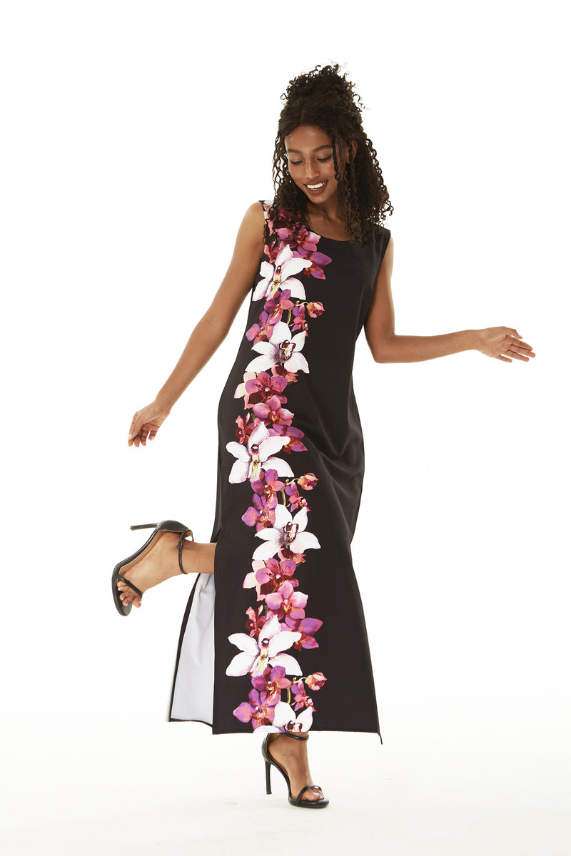Women's Maxi Tank Dress in Watercolor Orchid in Black with Pink ...