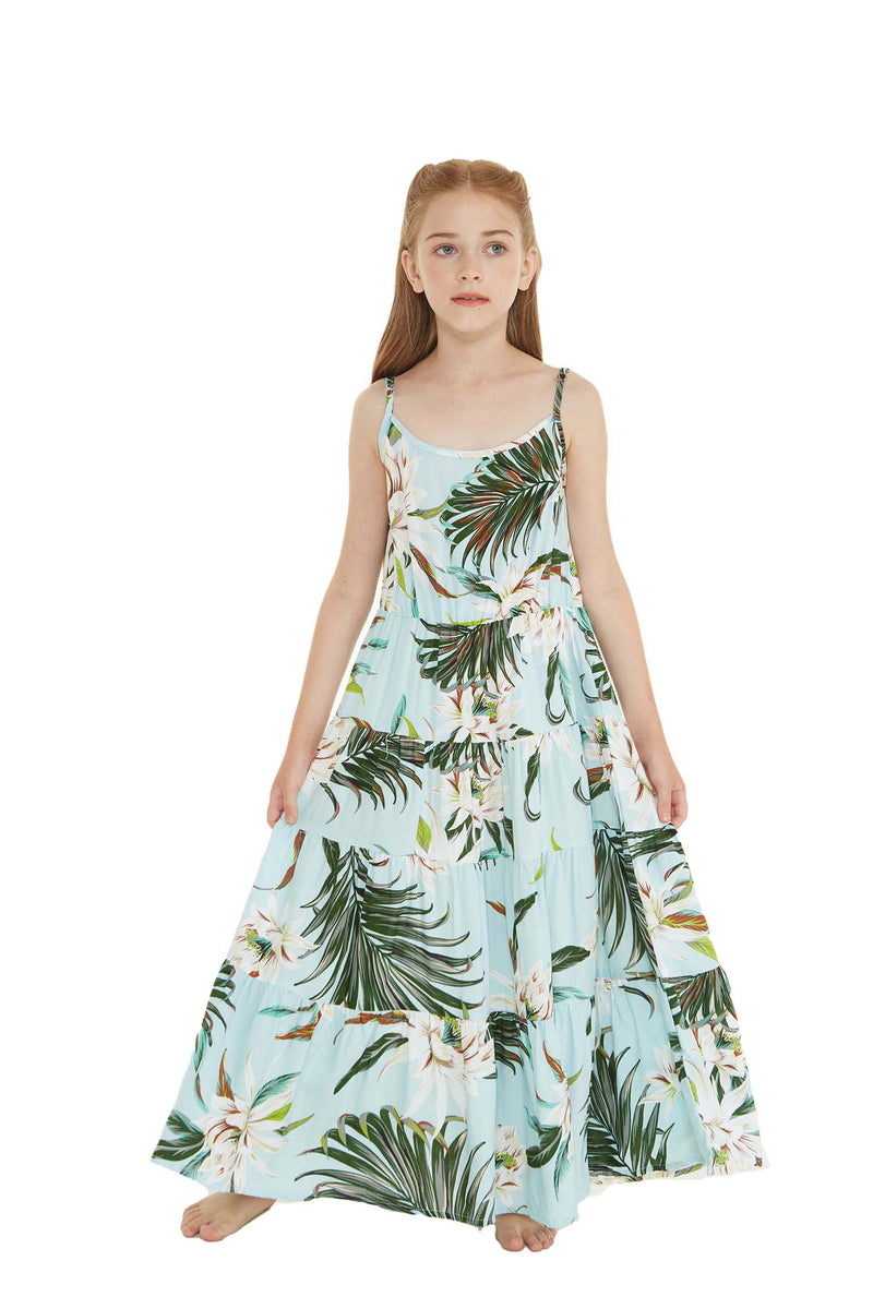 Girl's Maxi Tiered Dress in Wispy Cereus Light Blue – Hawaii Hangover