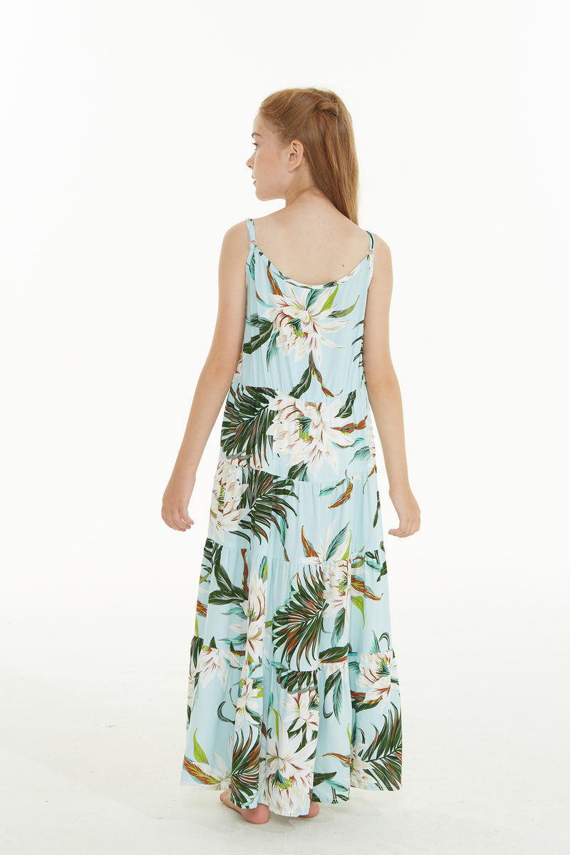 Girl's Maxi Tiered Dress in Wispy Cereus Light Blue – Hawaii Hangover