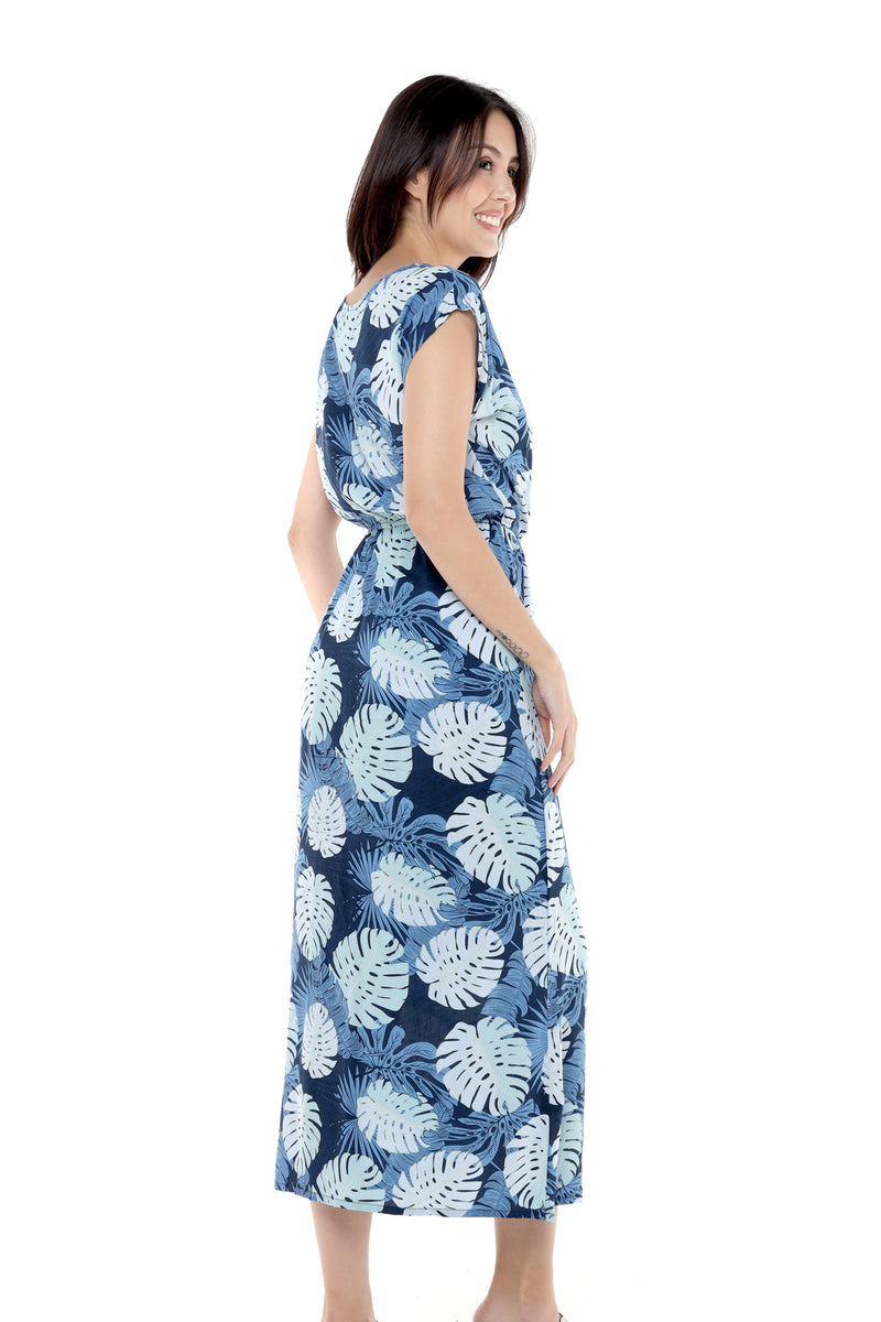 Women's Cap Sleeve Maxi Simple Dress in Pacific Palm Leaves Navy ...