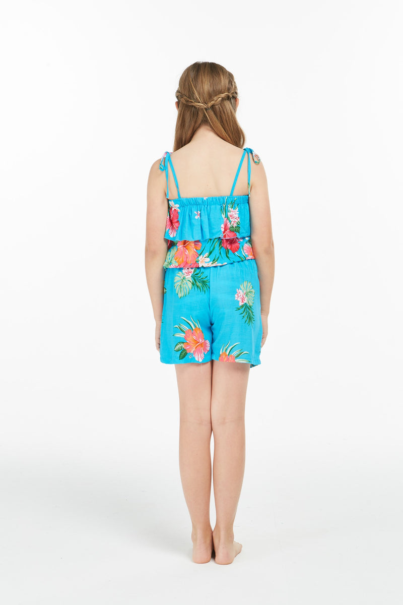 Girl Hawaiian Ruffle Top Jumpsuit Romper in Pretty Tropical Turquoise ...