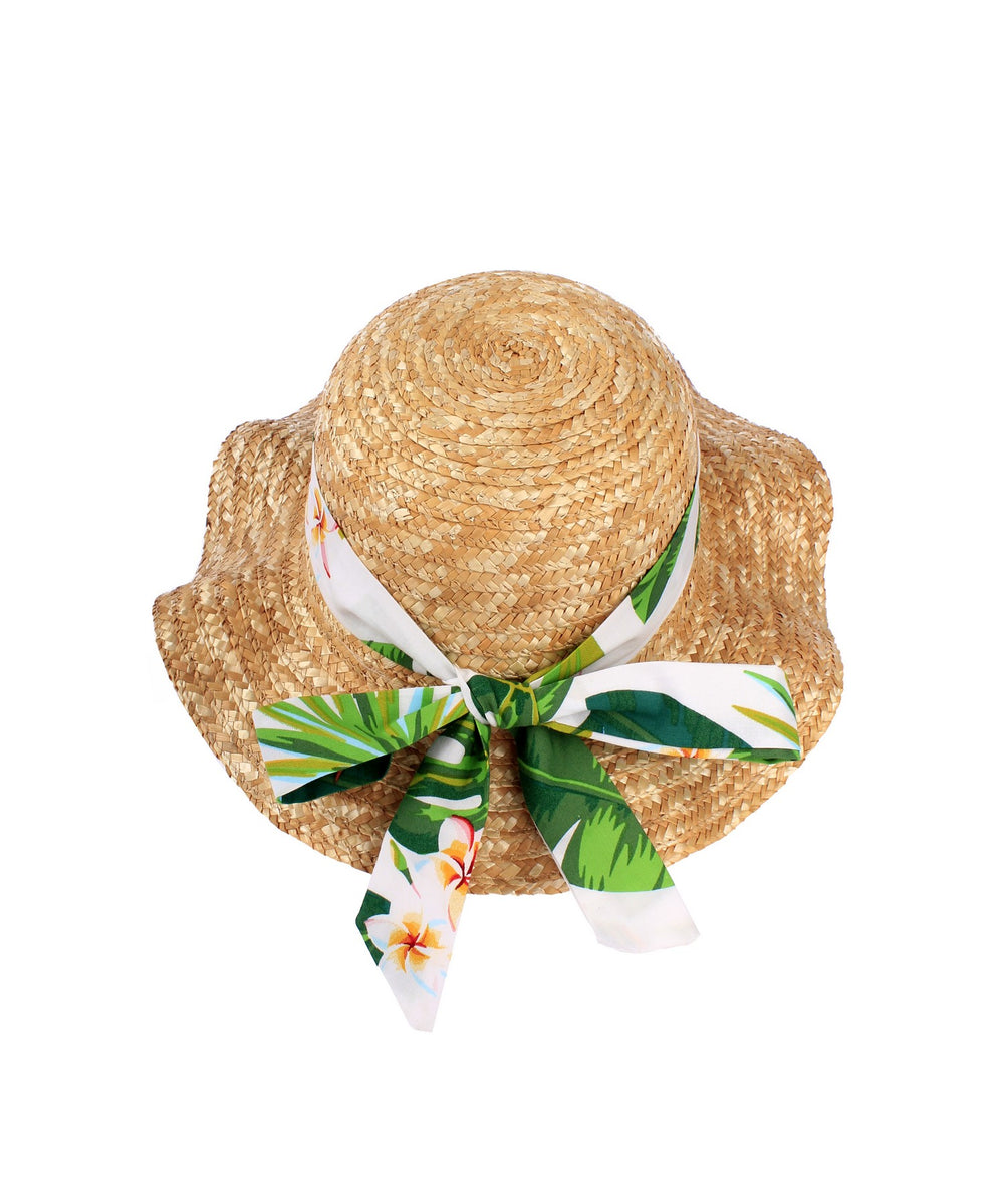 Girl Straw Beach Ruffle Edge Sun Hat with Tropical Print Bands in Bird ...