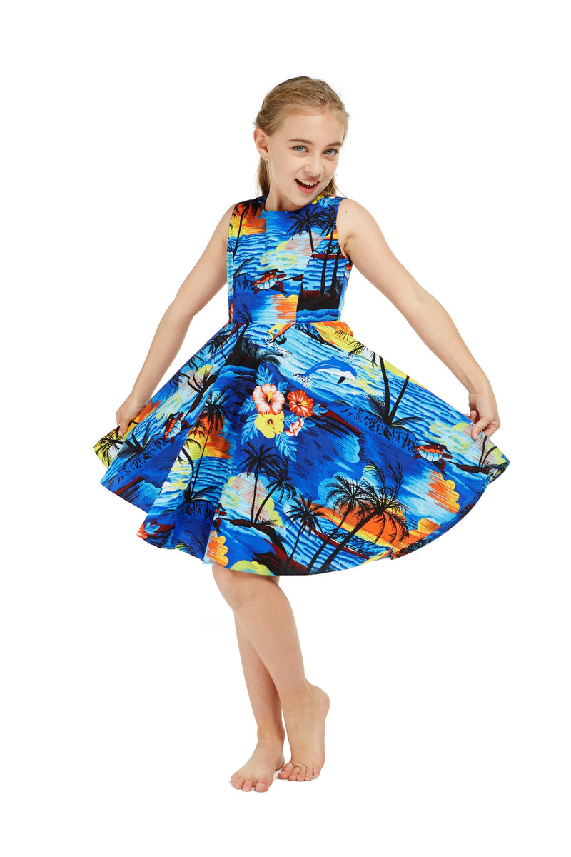 Girl Hawaiian Vintage Fit and Flare Dress in Sunset with Dolphin in ...